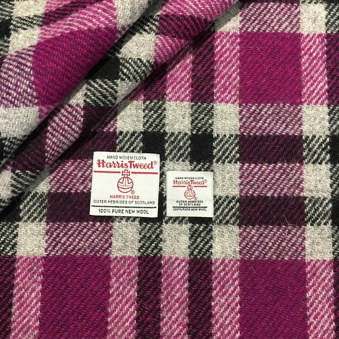 Harris Tweed Fabric, Cerise Pink, Black & Grey Tartan, 100% Wool, With ...