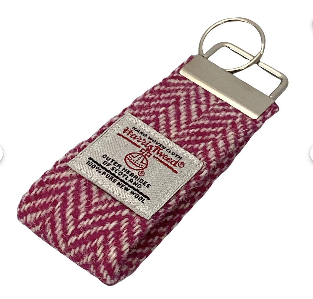 Cerise Pink & White Herringbone Harris Tweed Keyring Key Fob, Key Ring ...