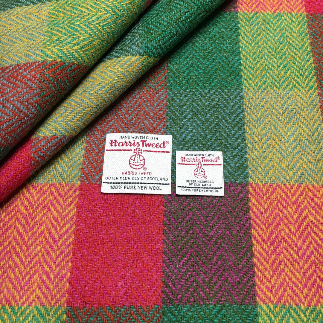 Harris Tweed Fabric, Neon Green & Pink Herringbone Check, 100% Wool ...