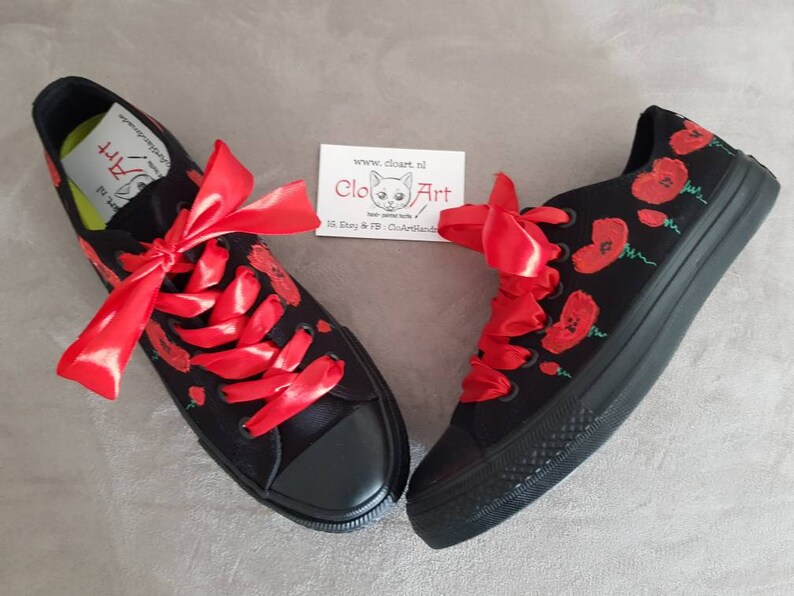 Painted Red Poppies Black Tie Sneakers Poppies Painted Shoes - Etsy