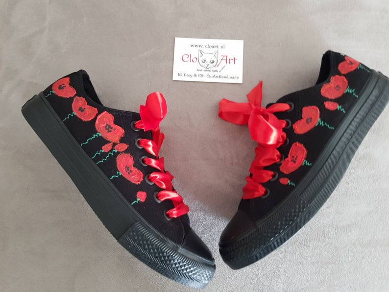 Painted Red Poppies Black Tie Sneakers Poppies Painted Shoes - Etsy
