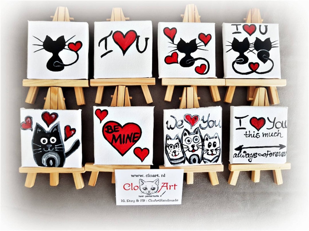 Miniature Love Painting, Mini Love Art, Small Canvas Cats, Valentine's ...