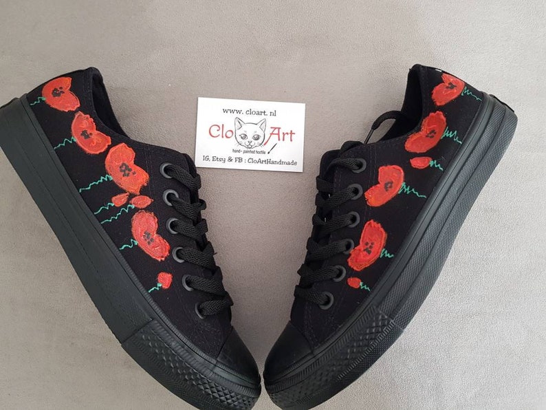 Painted Red Poppies Black Tie Sneakers Poppies Painted Shoes - Etsy
