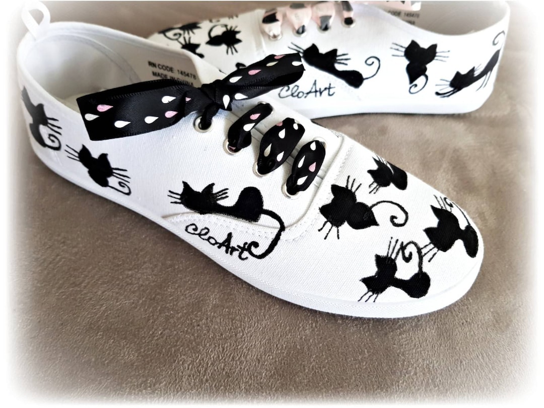 Painted Cats Sneakers, Black Cats Canvas Shoes, Cat Lovers Gift, Women ...