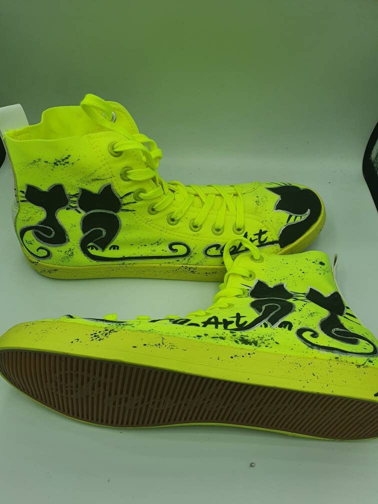 Neon Hi Tops With Black Catsneon Painted Sneakers Black Cats - Etsy