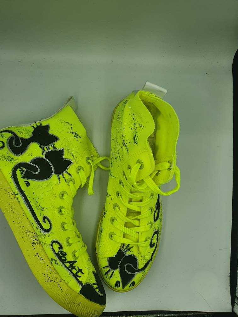 Neon Hi Tops With Black Catsneon Painted Sneakers Black Cats - Etsy