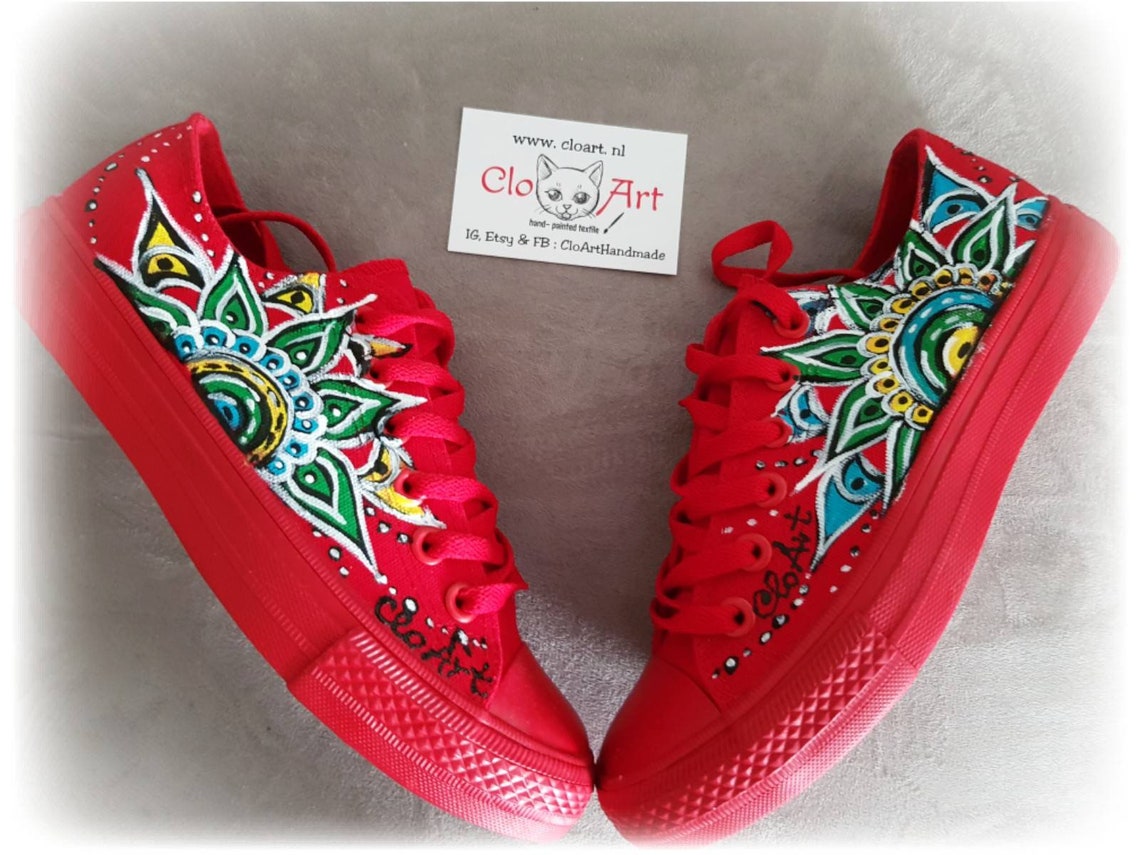 Mandala Painted Red Tie Sneakers, Colorful Mandalas Shoes, Red Tie ...