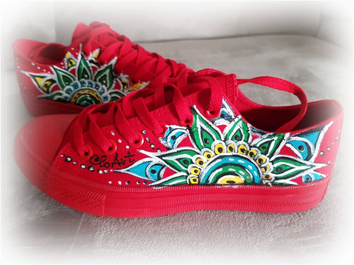 Mandala Painted Red Tie Sneakers, Colorful Mandalas Shoes, Red Tie ...