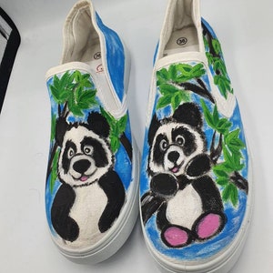 Hand Painted Panda Slip Ons, Cute Panda Sneakers, Love Panda Gift ...