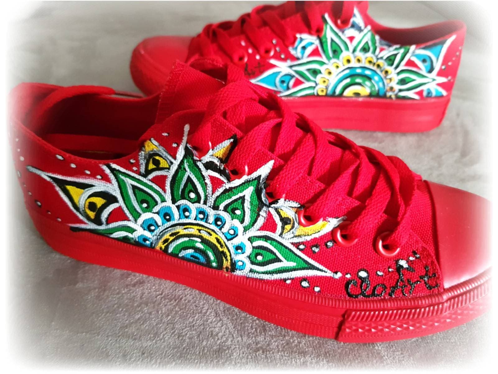 Mandala Painted Red Tie Sneakers, Colorful Mandalas Shoes, Red Tie ...