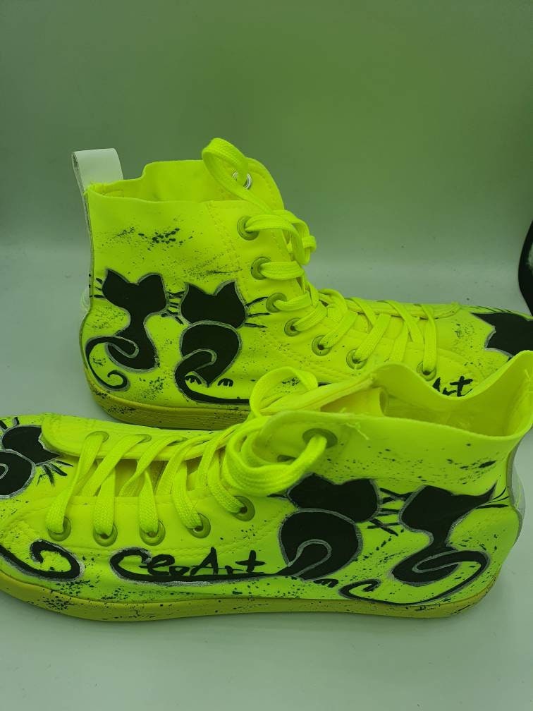 Neon Hi Tops With Black Catsneon Painted Sneakers Black Cats - Etsy