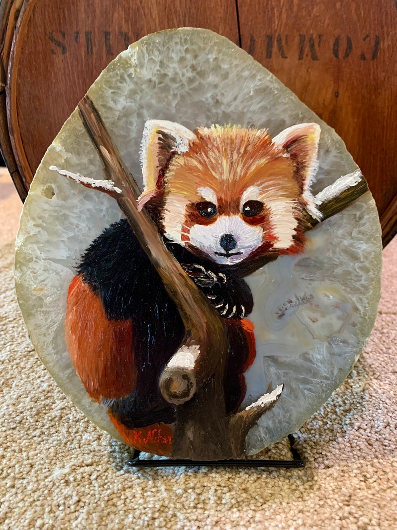 Red Panda. Oil on Agate Slab. Oil Painting, Tabletop Decor, Agate ...