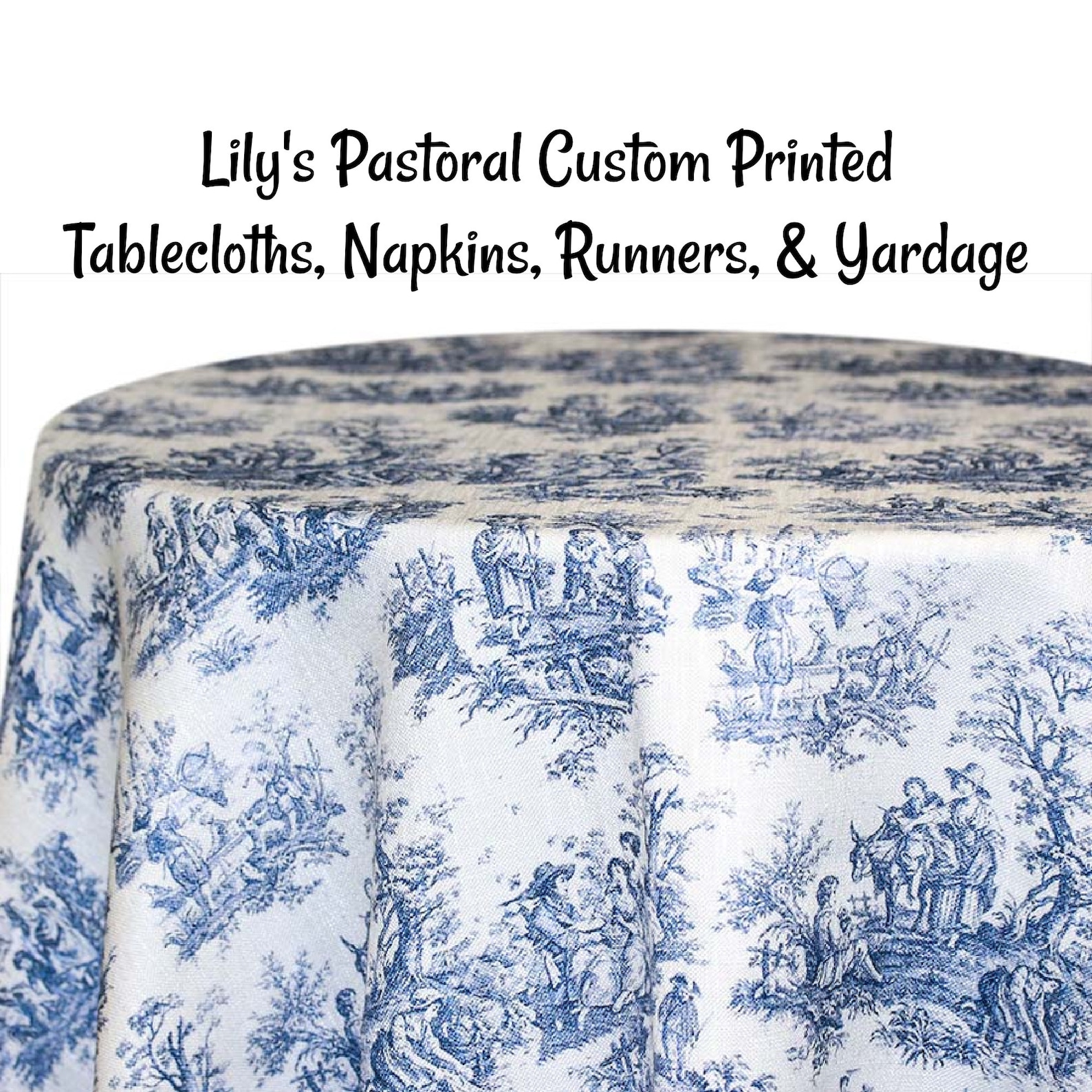 Lilly's Pastoral Toile Custom Printed Toile Tablecloths, Napkins, Table ...