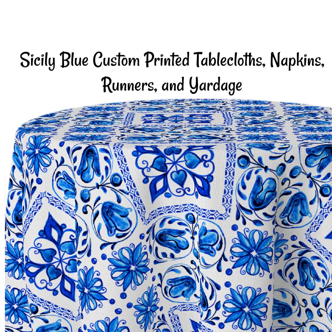 Sicily Blue Custom Printed Chinoiserie Tablecloths, Napkins, Table ...