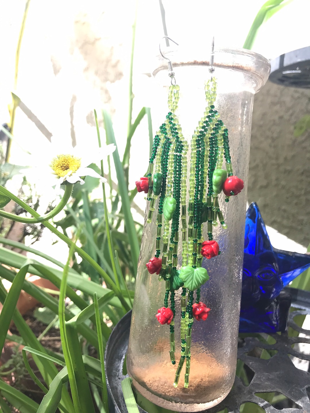 Red Rose Long Sparkling Vine Earrings - Etsy