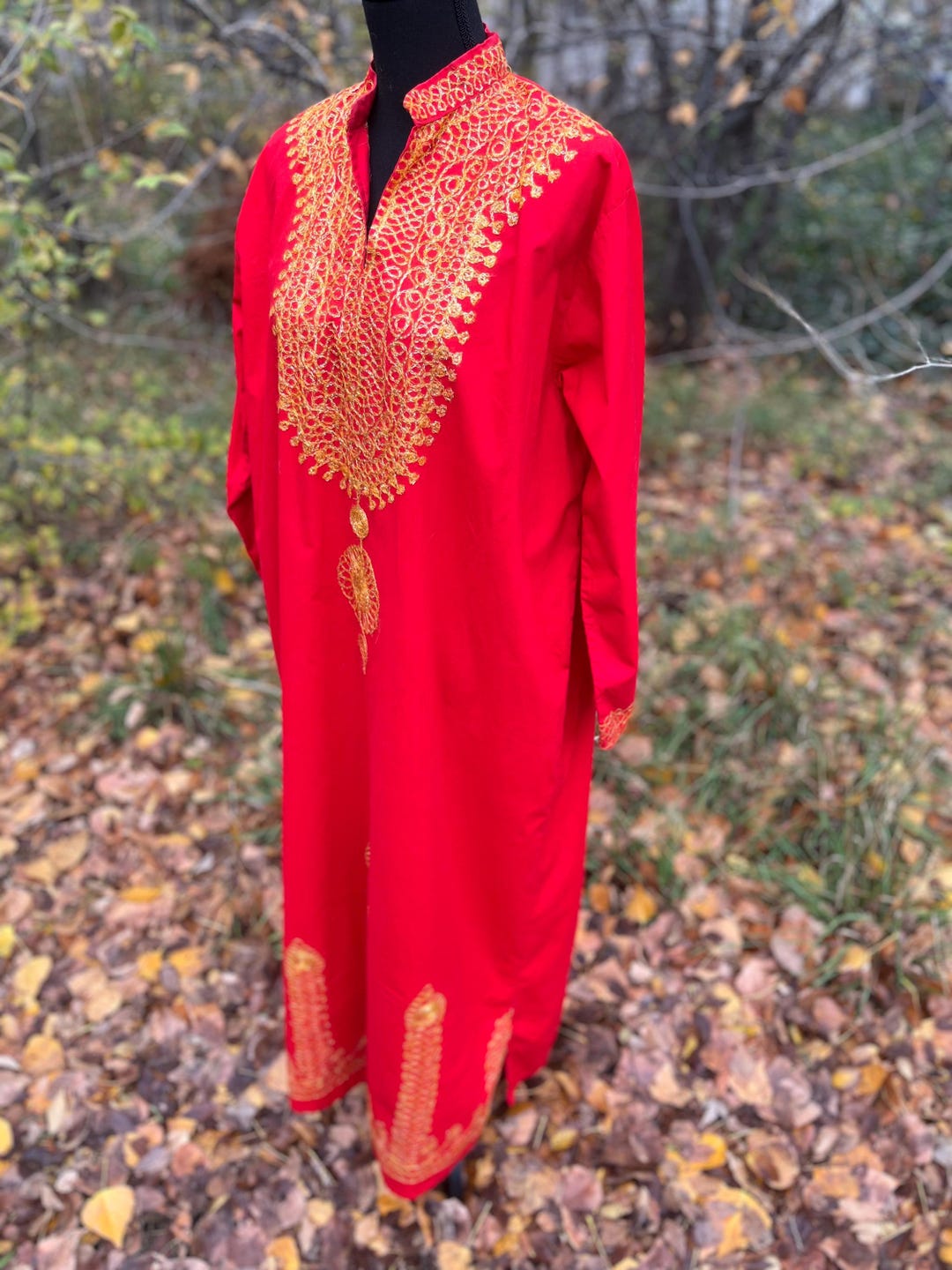 1970s Vintage Red Maxi Shift Dress With Gold Machine Chain Embroidery ...