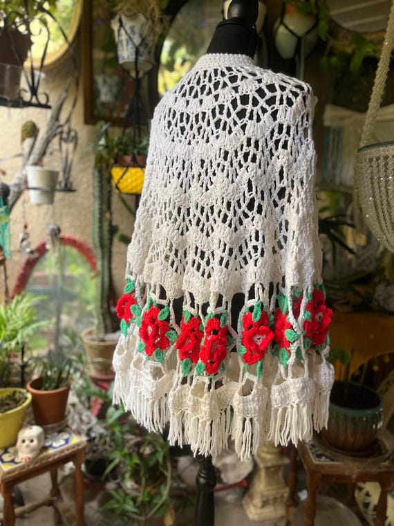 1960s-1970s crocheted button front pancho with red ro… - Gem