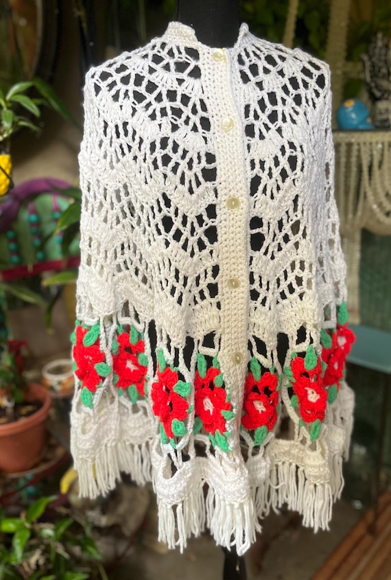 1960s-1970s crocheted button front pancho with red ro… - Gem