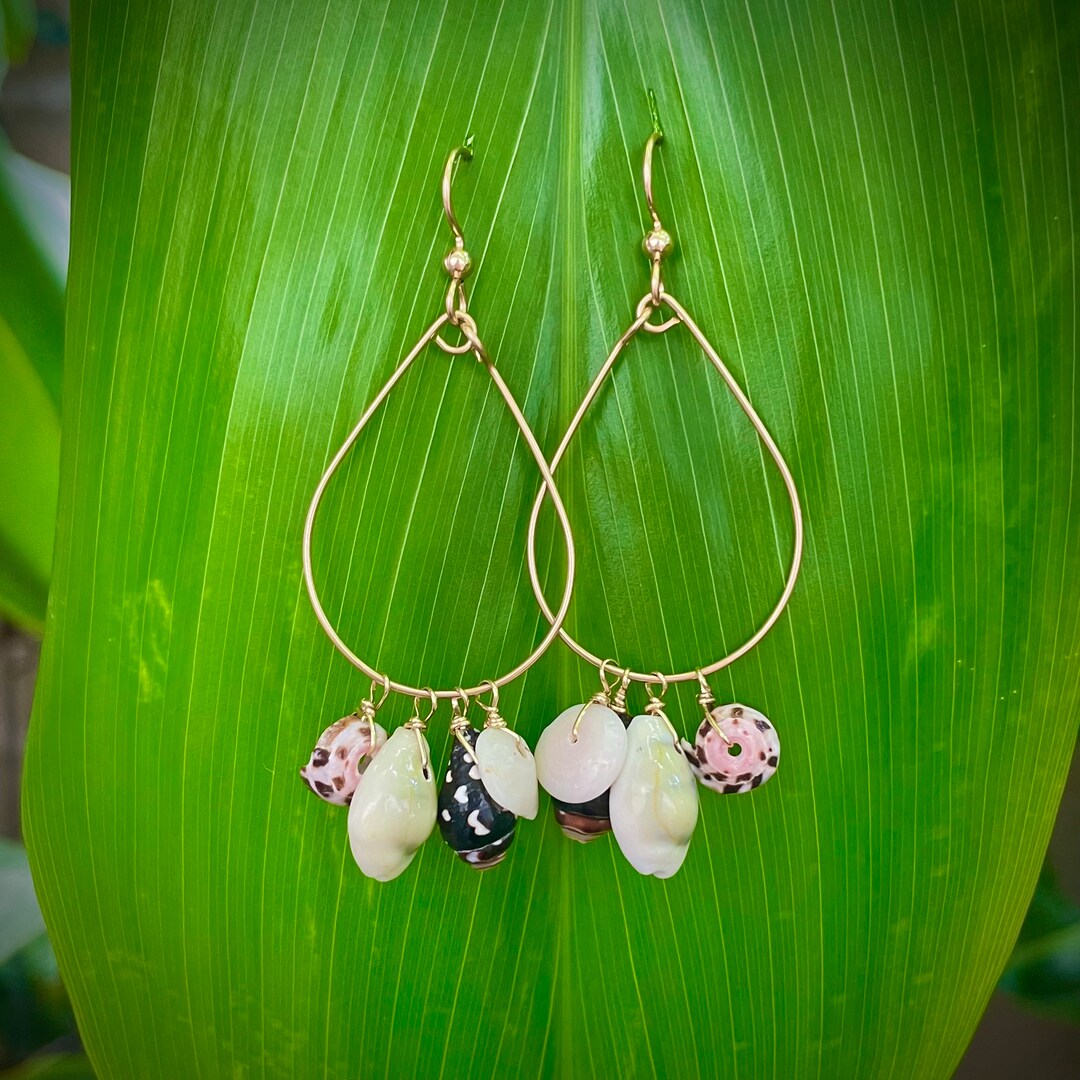 Tiger Shell, Puka Shell, Cowrie Shell Teardrop Hoop Earrings. Gold ...