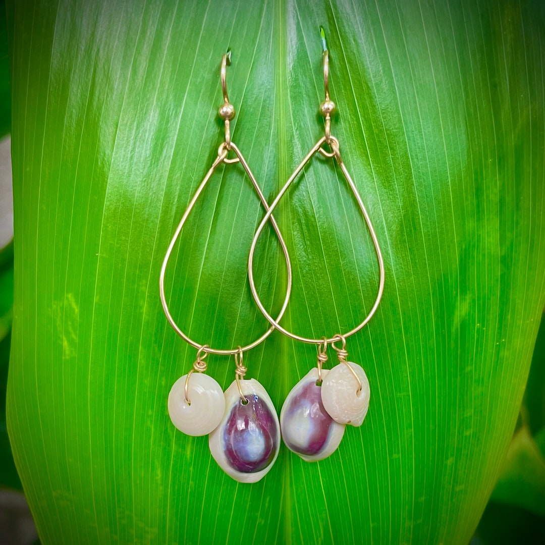 Blue Cowrie Shell and Puka Shell Teardrop Hoop Earrings. Gold Filled - Etsy