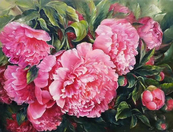 Pink Peony Painting Large Peonies Oil Painting on Canvas | Etsy
