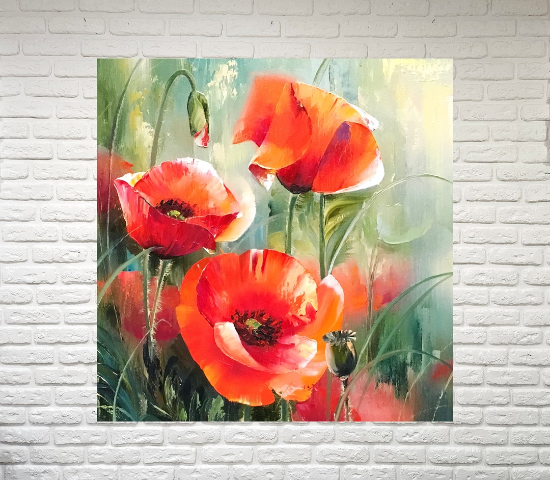 Red Poppy Painting Landscape Original, Meadow Painting, Poppy Flower ...