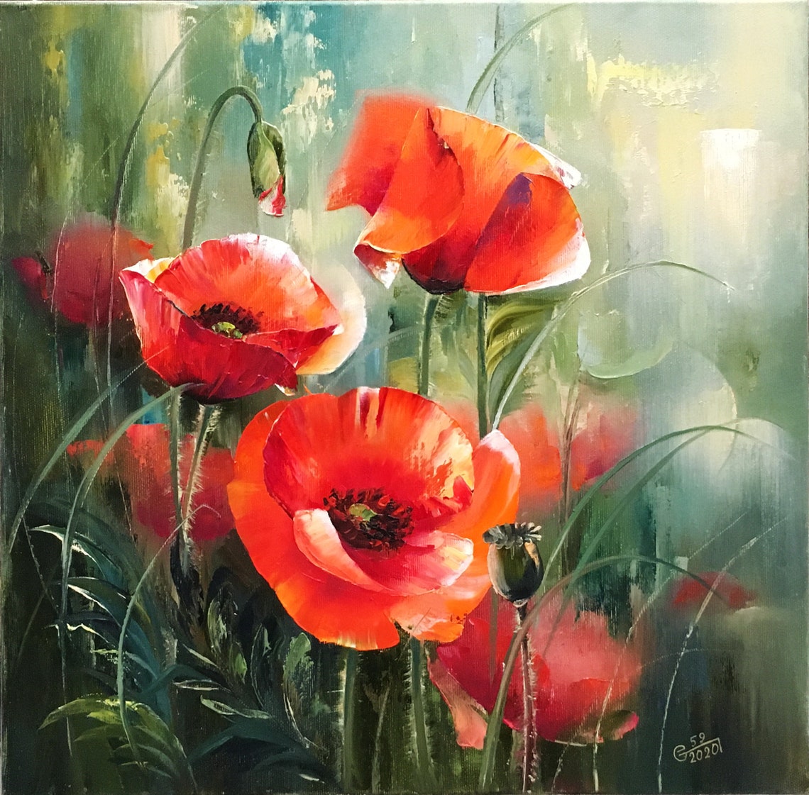 Red Poppy Painting Landscape Original Meadow Painting Poppy - Etsy