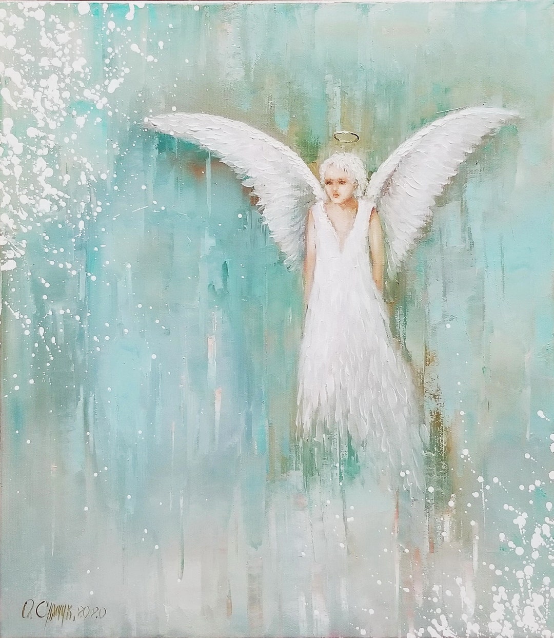 White Angel Painting Original, Guardian Angel Canvas Art, Angel Wings ...