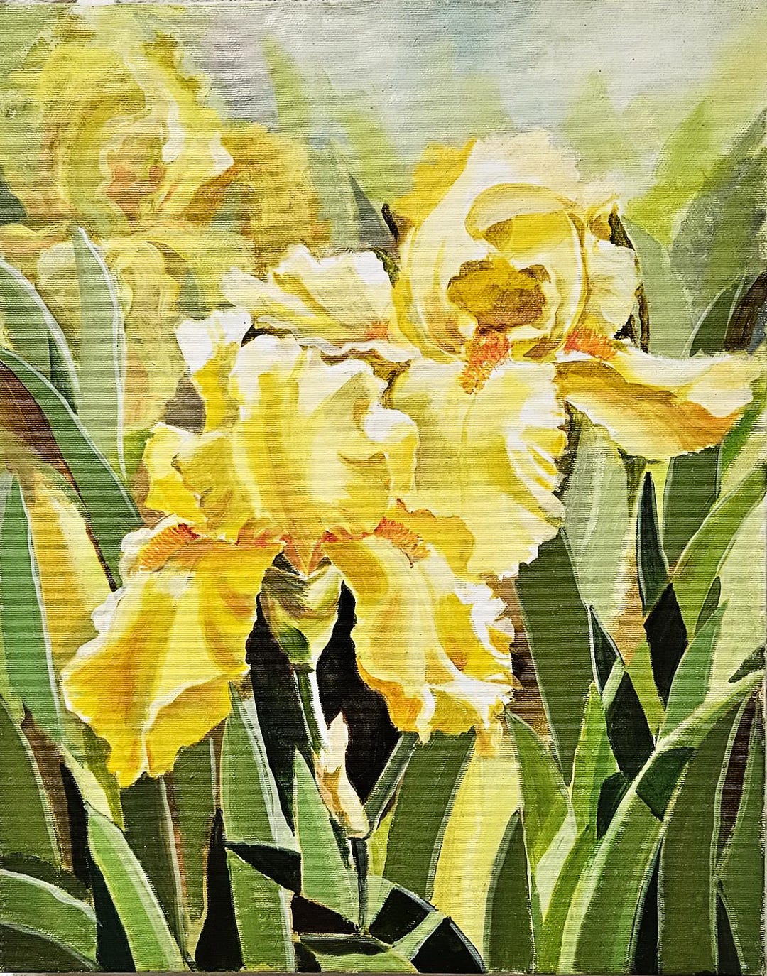 Irises Drawing Wall Art, Yellow Green Floral Oil Painting Original ...