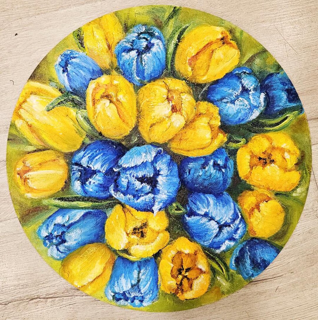 Tulip Flower Art Painting of Tulips Artwork, Blue Yellow Flowers ...
