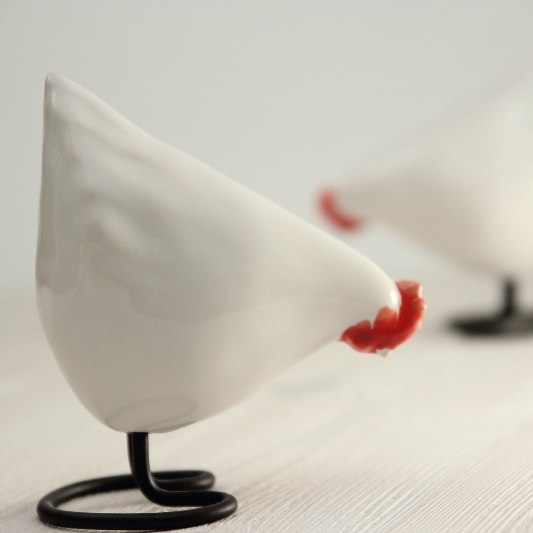 White Ceramic Chicken | Decorative Hen Figurine | Small Handmade Bird ...