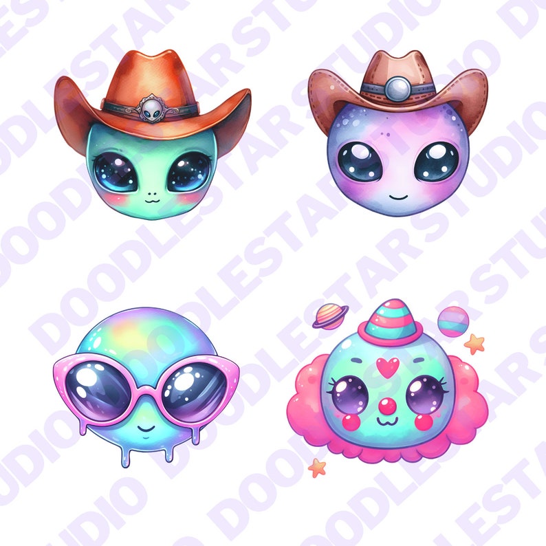 Watercolor Alien Emoji Digital Sticker Pack | Transparent PNG Files ...
