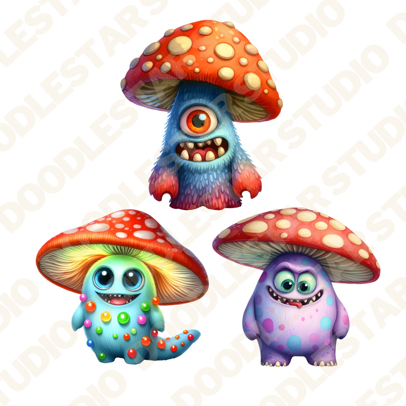 Watercolor Mushroom Monsters Digital Clipart | Transparent PNG Files ...