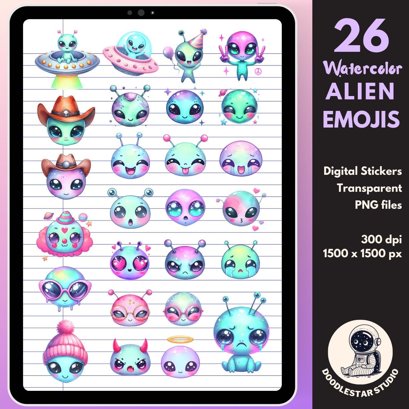 Watercolor Alien Emoji Digital Sticker Pack | Transparent PNG Files ...