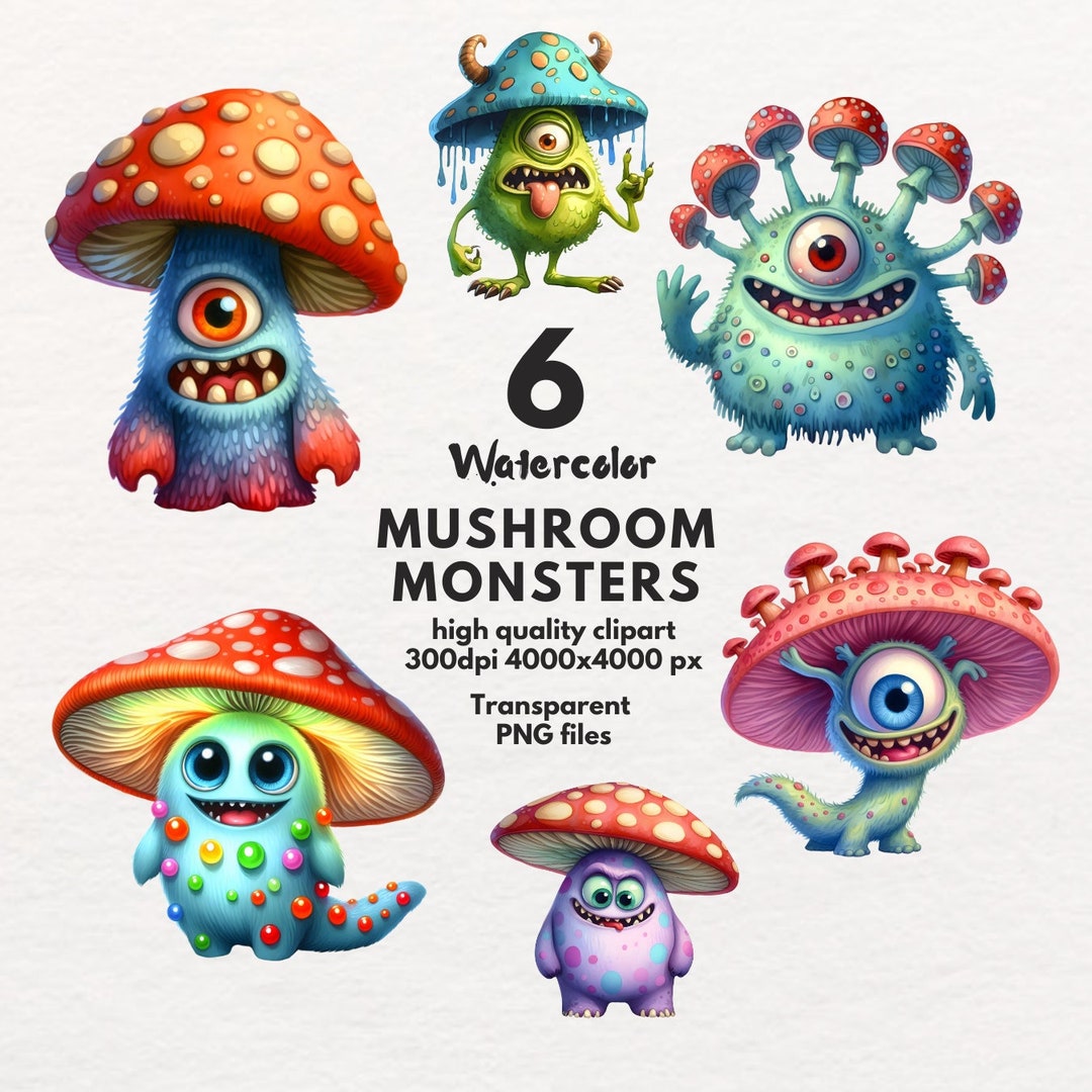 Watercolor Mushroom Monsters Digital Clipart | Transparent PNG Files ...
