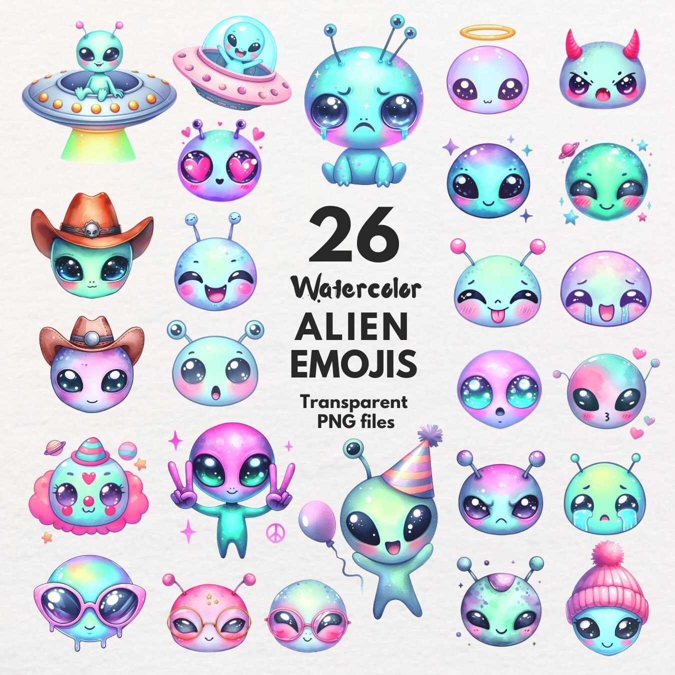 Watercolor Alien Emoji Digital Sticker Pack | Transparent PNG Files ...
