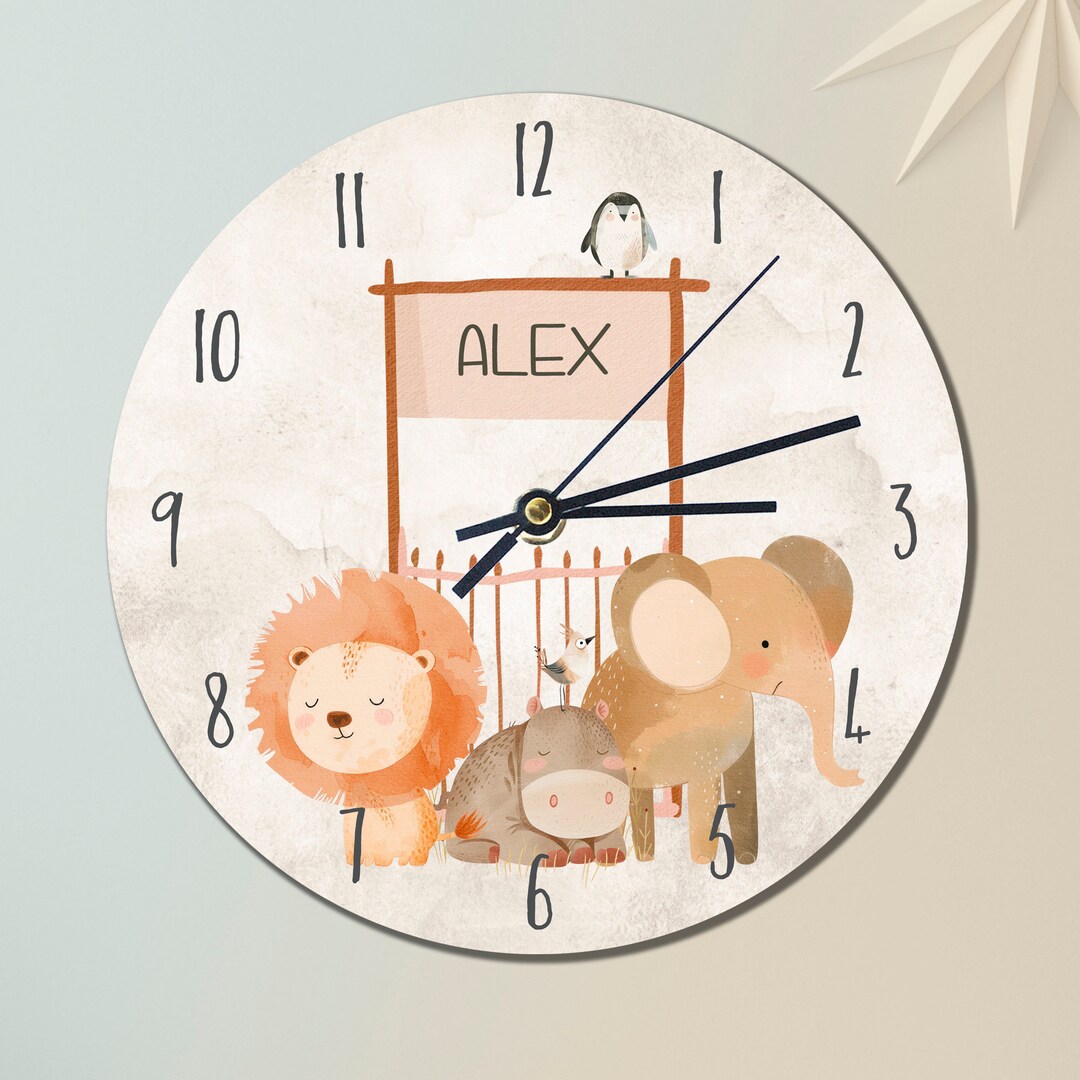 Cute Jungle Animal Wall Clock for Nursery - Lion, Elephant & Hippo ...