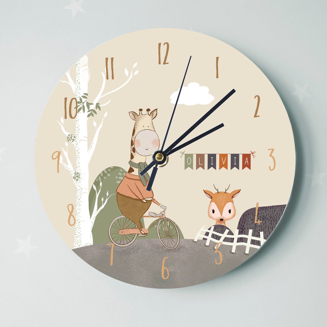 Giraffe Wall Clocks, Child's Clock, Giraffe on Bike, Woodland Deer ...