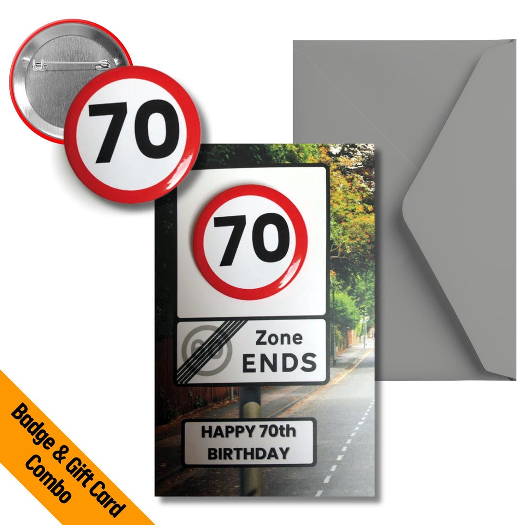 Fun Happy 70th Birthday Badge Gift Card - the 60 Zone Ends Humorous ...