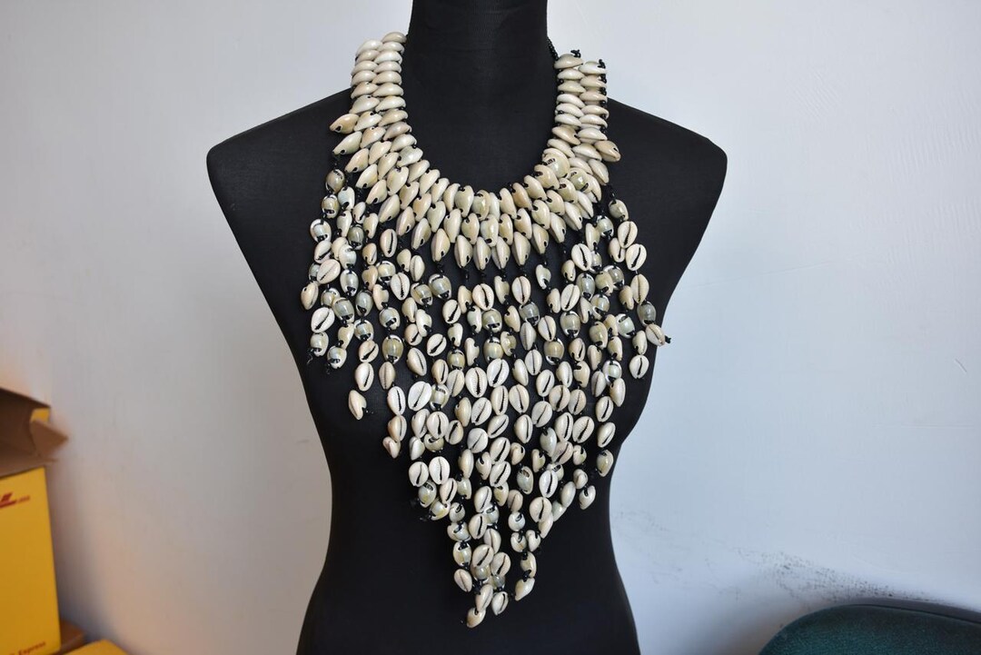 African Sea Shell Pendant Necklace, White Cowrie Shell Necklace, Beaded ...