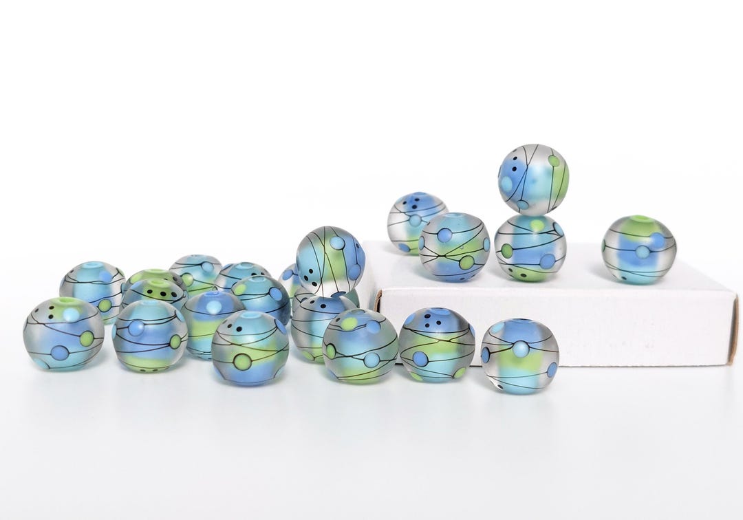 Handmade Lampwork Glass Beads: Soft Blue Green Etched Black Dot Pair - Etsy