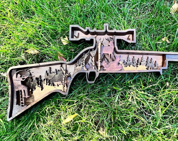 Deer Hunting Rifle Multi-layer, Hunting Decor, Wood Deer Gift, Wall Art ...
