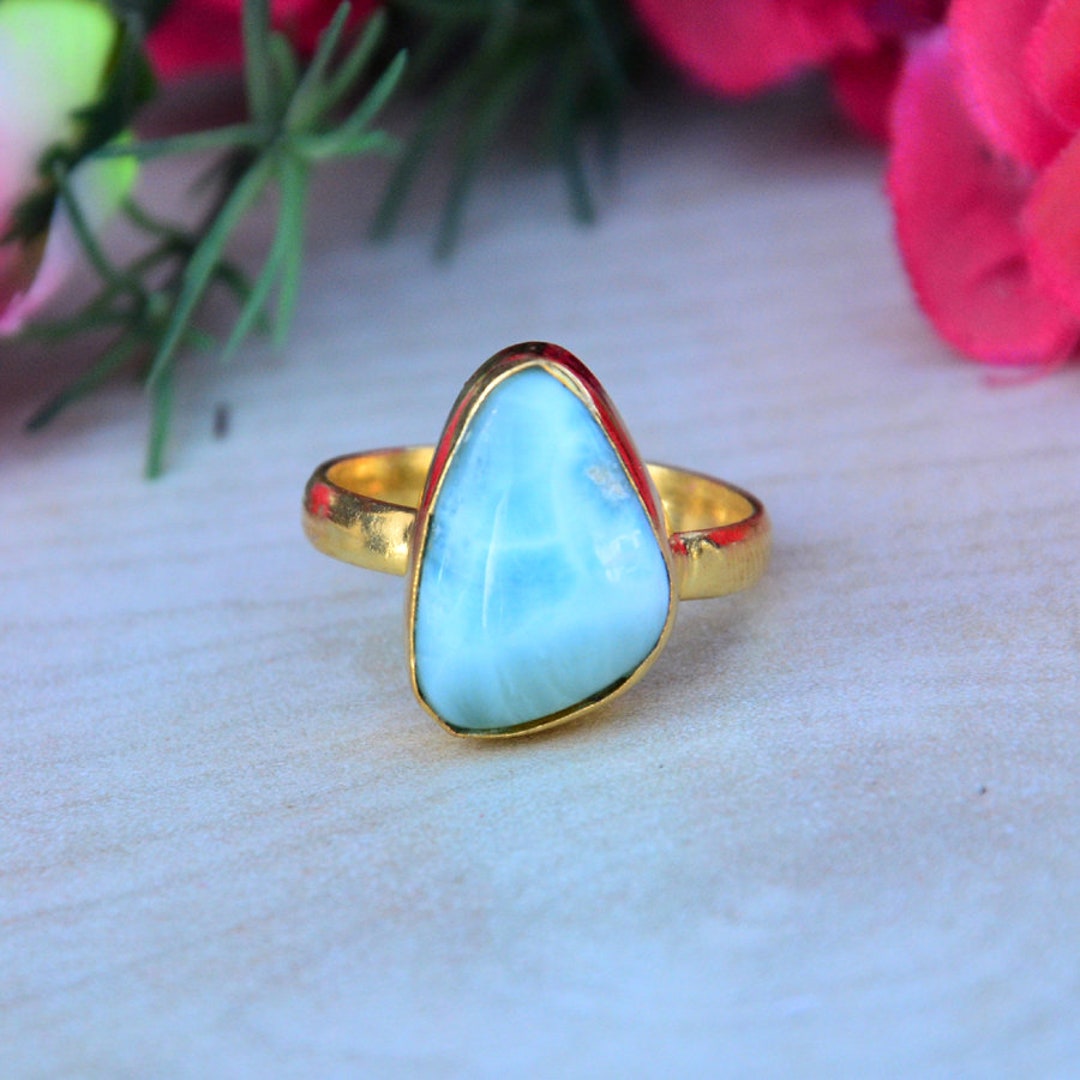 Triangle Larimar Ring, Natural Dominican Larimar Gemstone Ring, 14K ...