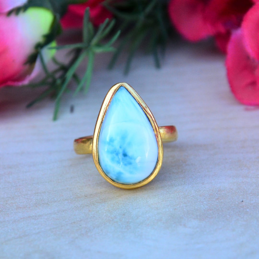 Gold Larimar Ring, Natural Dominican Larimar Gemstone Ring, 14K Yellow ...