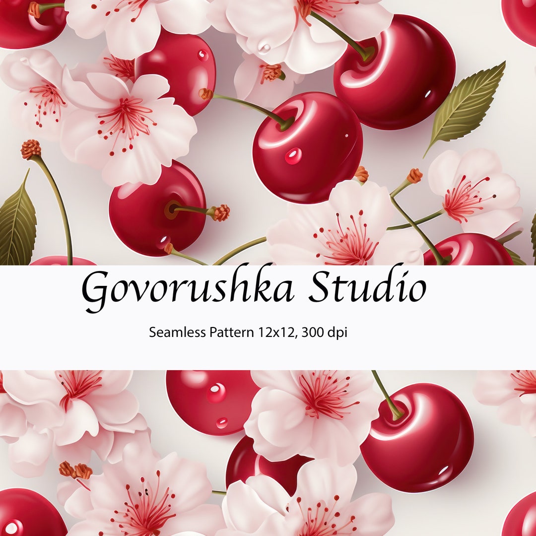 SWEET RED CHERRIES Digital Paper, Watercolor Cherry Fruit Seamless ...