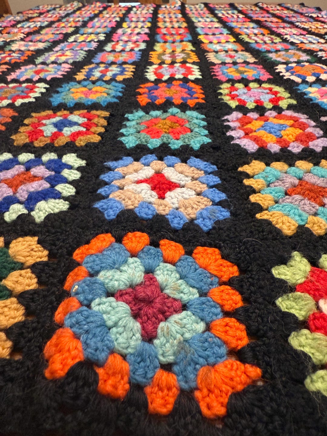Handmade Vintage Granny Square Crochet Blanket – Black Border, Colorful ...