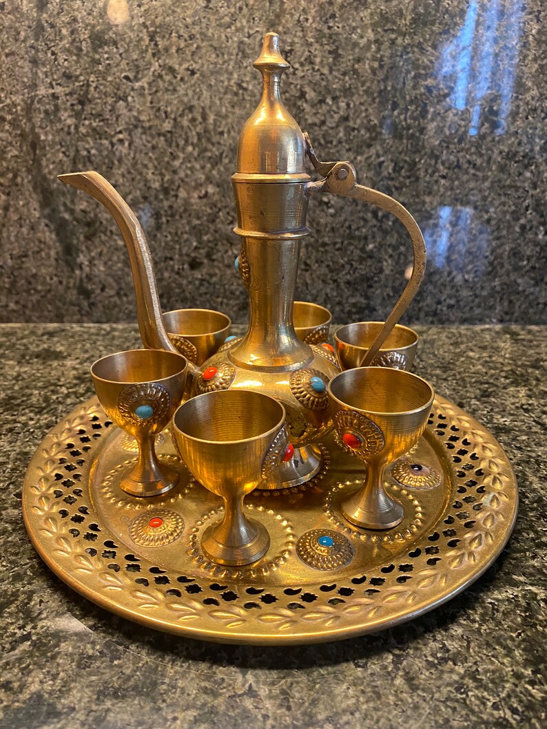 Vintage Small Brass Middle Eastern Coffee/tea Set With Turquoise ...