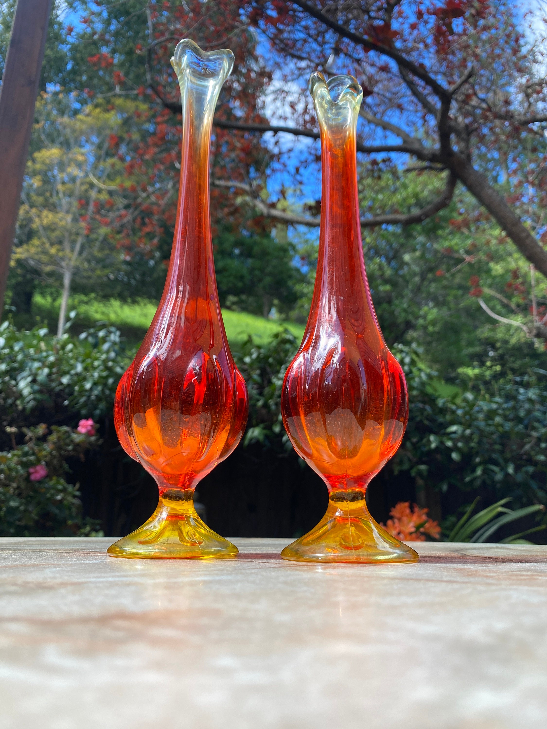 Vintage MCM Viking Glass Persimmons Swung Vases Amberina, Sold ...