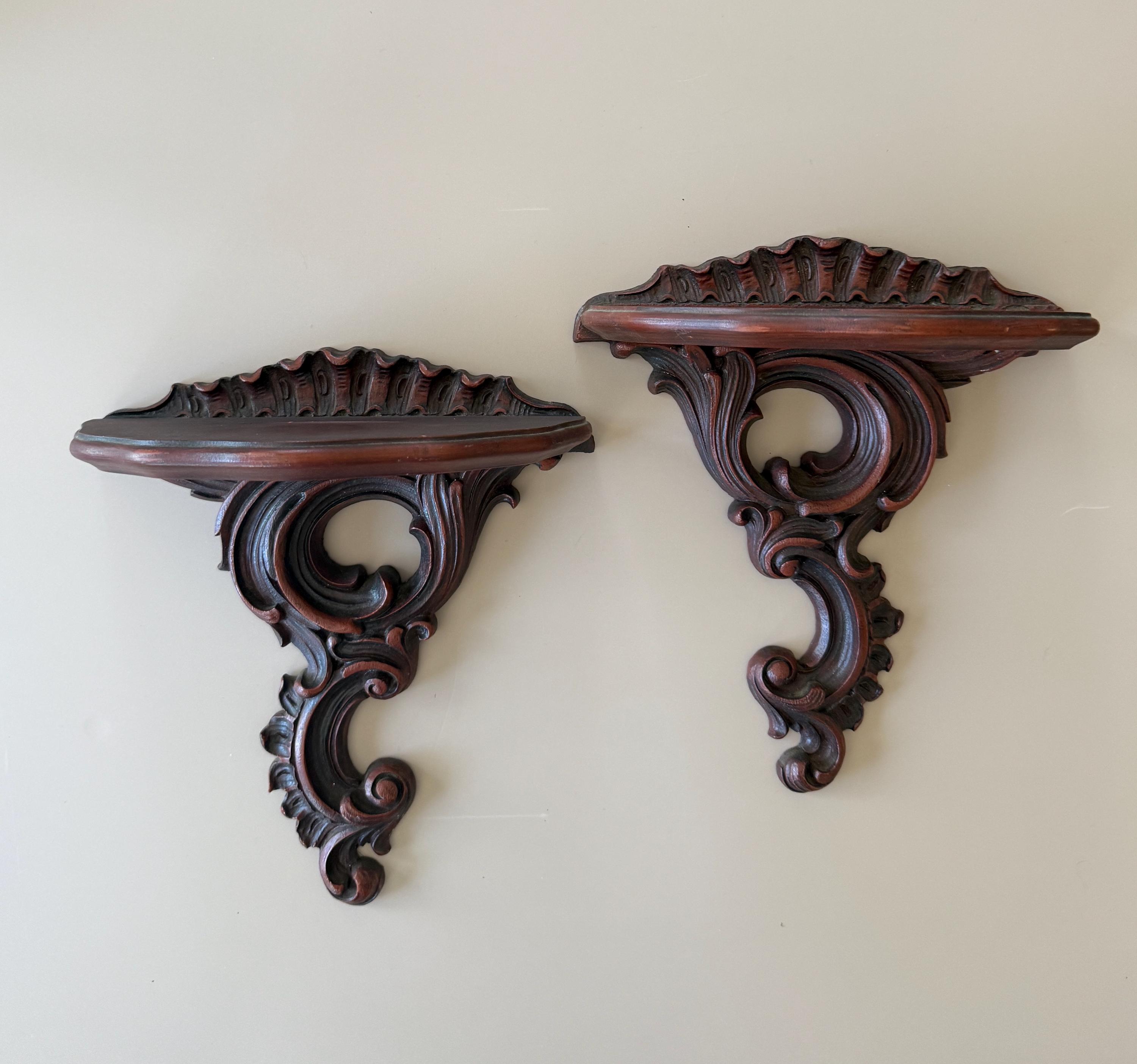 Pair of Carved Cherry Wood Wall Sconces – Ornate Shelf Display With ...