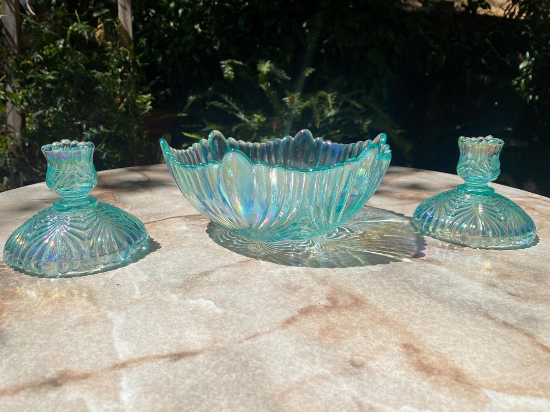 Fenton Ice Blue Carnival Glass Candlesticks | Matching Bowl ...
